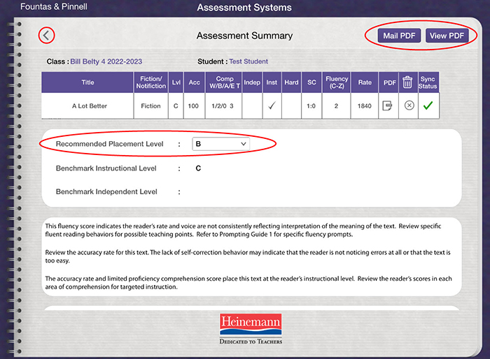 Assessment Summary Report on the Heinemann Fountas & Pinnell Assessment ...