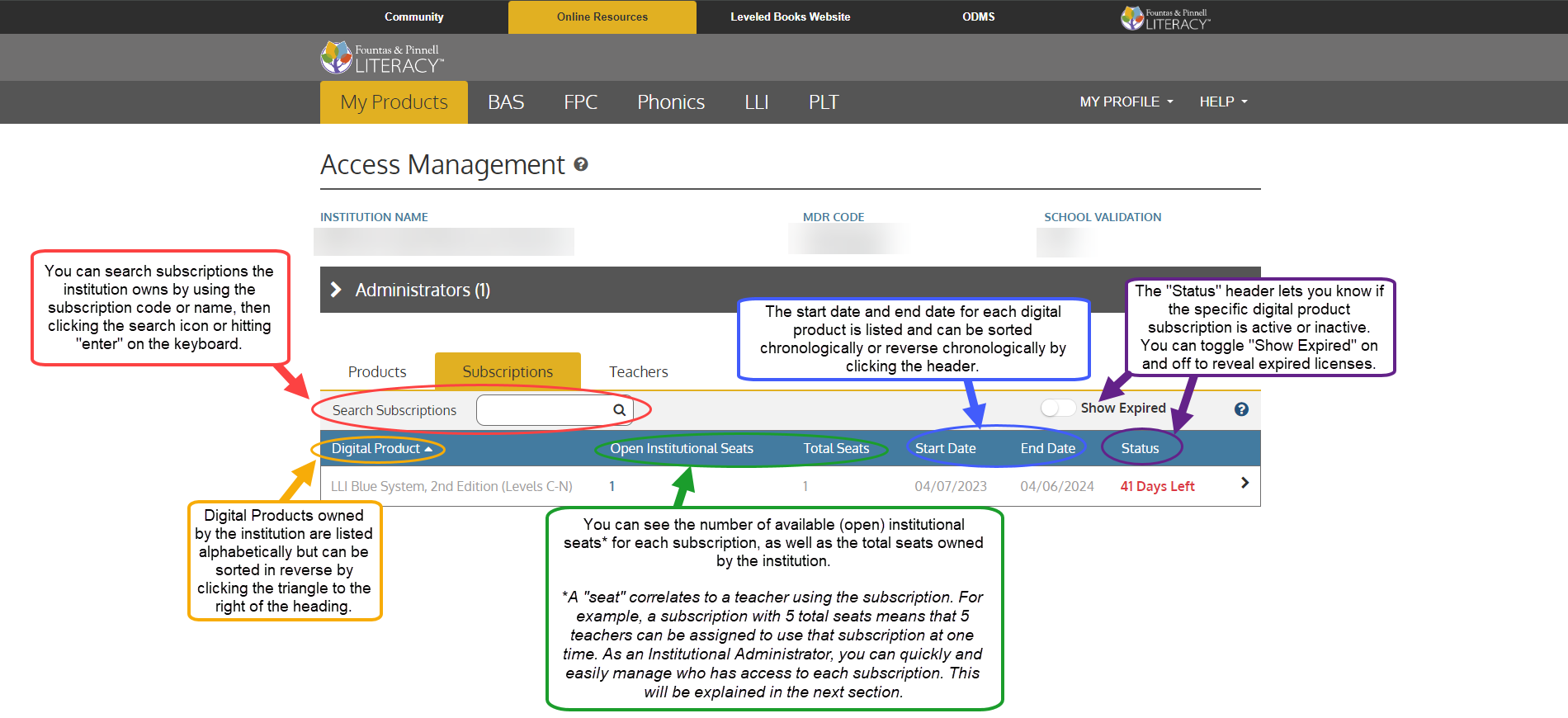 Working With the Subscriptions Tab in Heinemann Fountas & Pinnell Resources