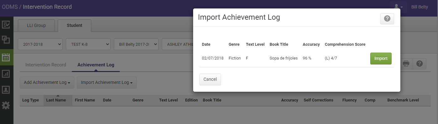 Import Achievement Log Screen Overview on Heinemann Fountas & Pinnell ...