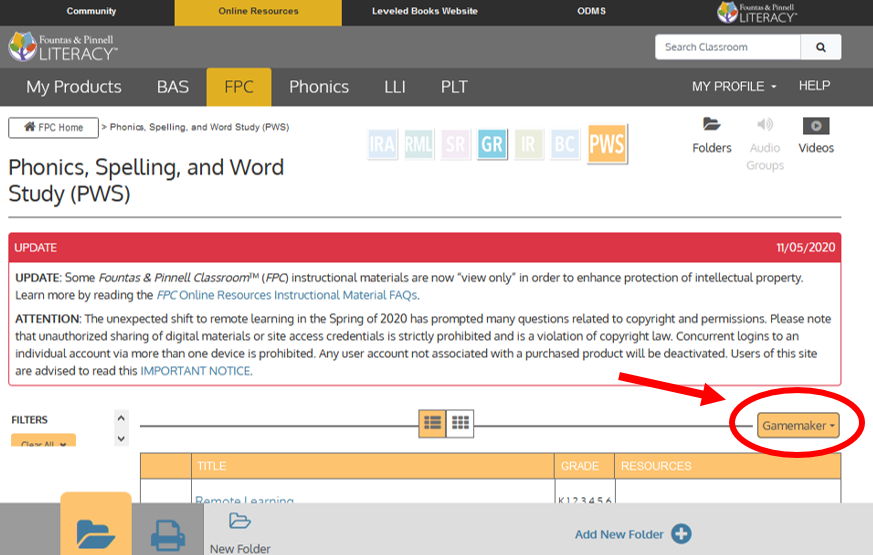Locating Gamemaker in Heinemann Fountas & Pinnell Resources