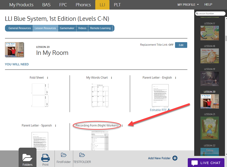 Locating Recording Forms for LLI in Heinemann Fountas & Pinnell Resources