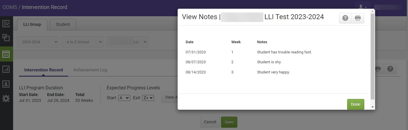 LLI Intervention Record Group Screen Overview in Heinemann Fountas ...