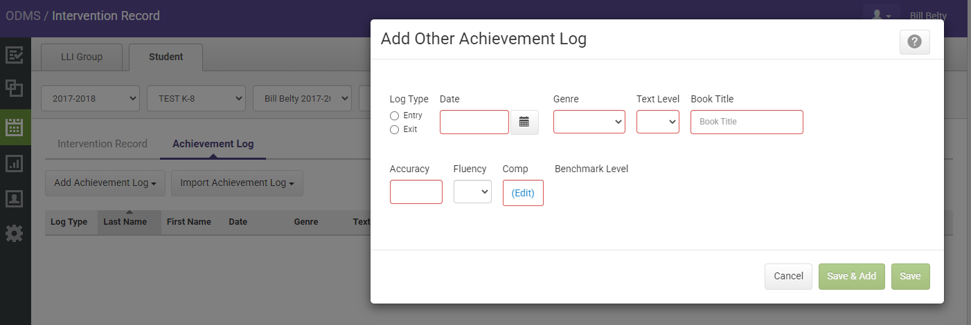 LLI Other Reading Log Entry Screen in Heinemann Fountas & Pinnell ...