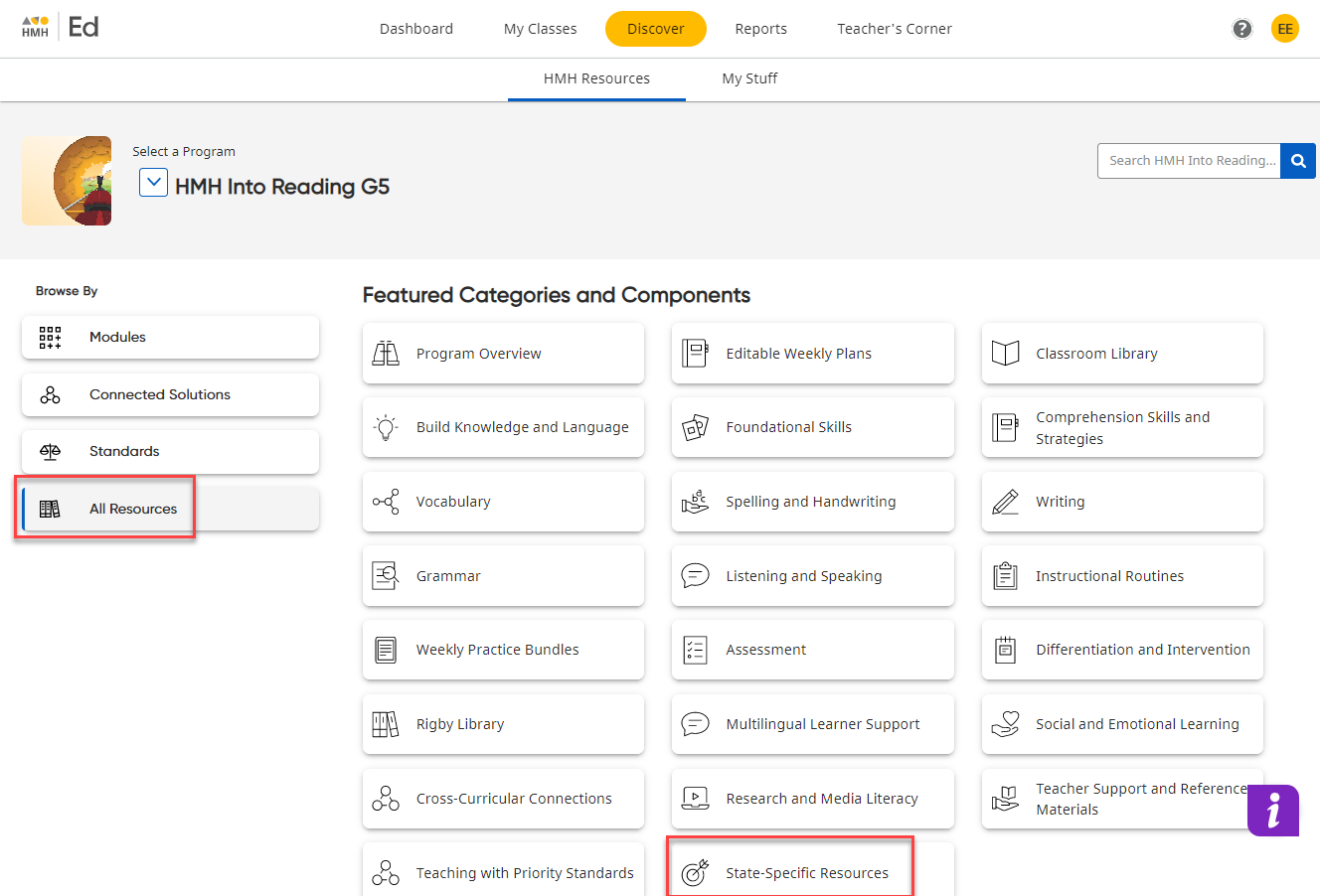 Locating State-Specific Resources for Into Reading in HMH Ed