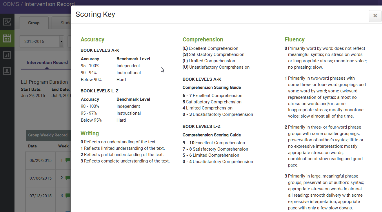 LLI Intervention Record Group Screen Overview in Heinemann Fountas ...