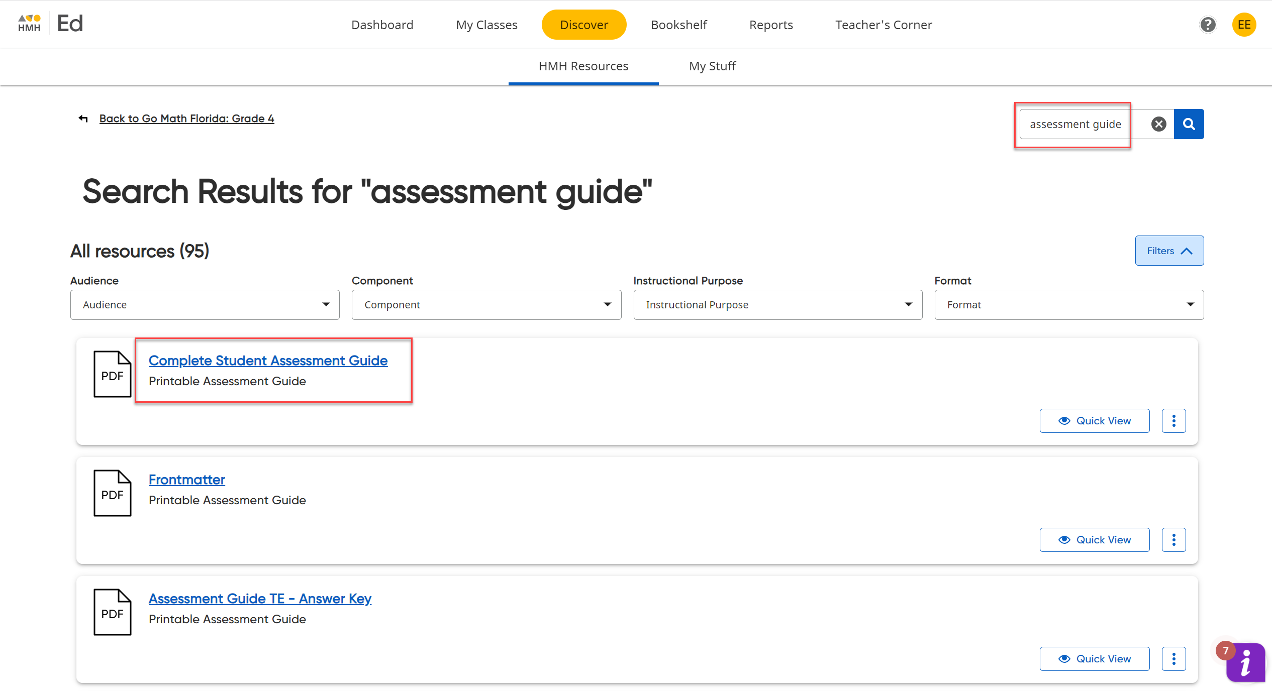 Locating Go Math on HMH Ed Florida Accelerated Chapter Tests