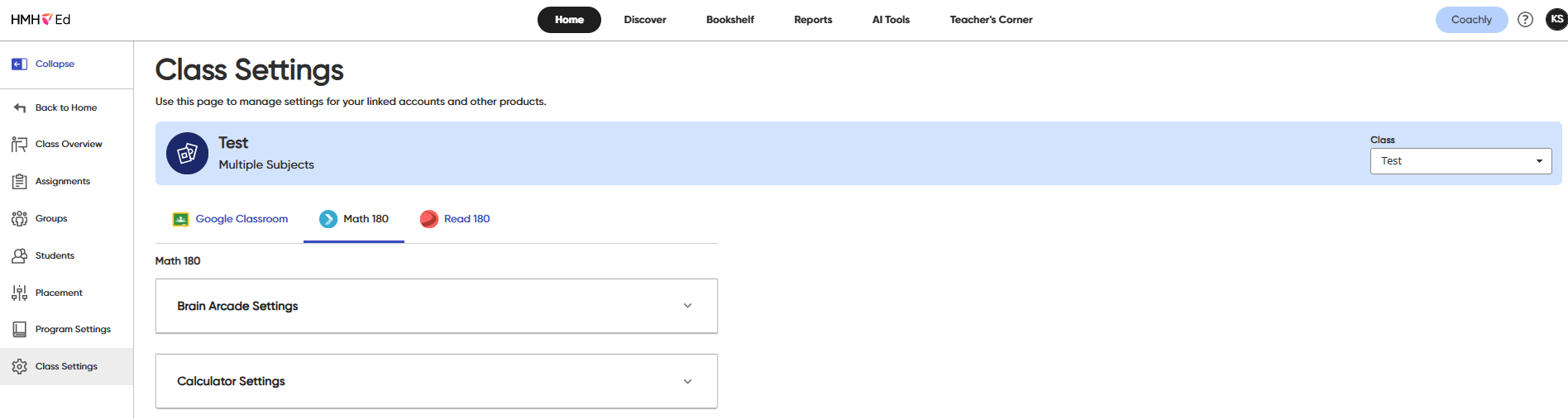 Math 180 Class Settings in HMH Ed as a Teacher