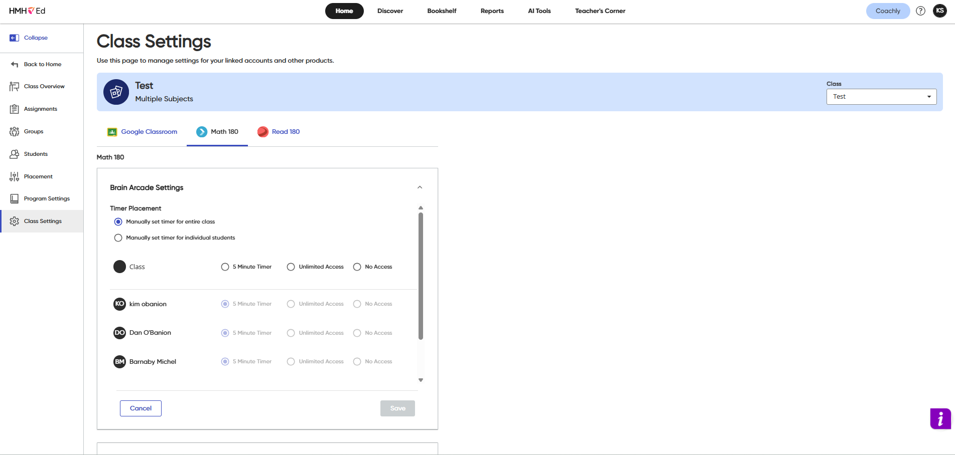 Math 180 Class Settings in HMH Ed as a Teacher